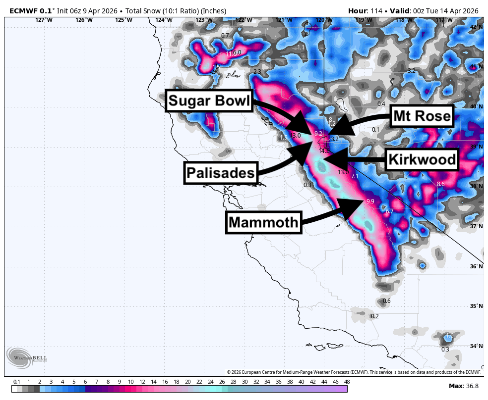 California Snowfall Forecast, April 9-14, 2026 - Powder