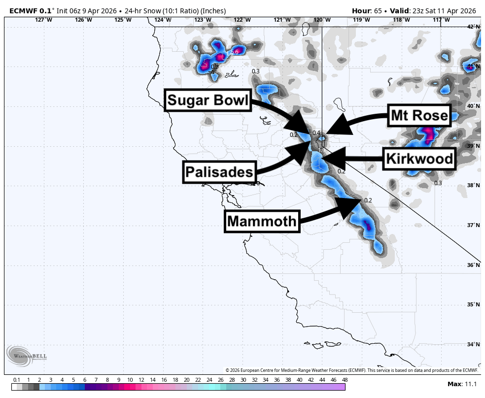 California Snowfall Forecast, April 9-14, 2026 - Powder
